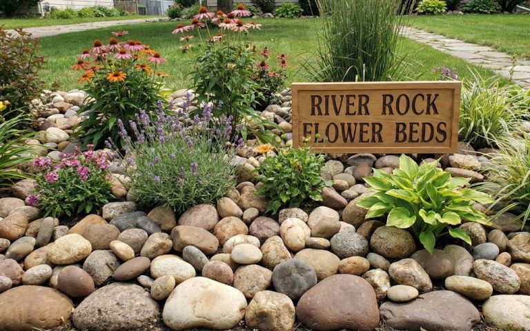 River rock flower beds: easy, new, stylish yard design idea